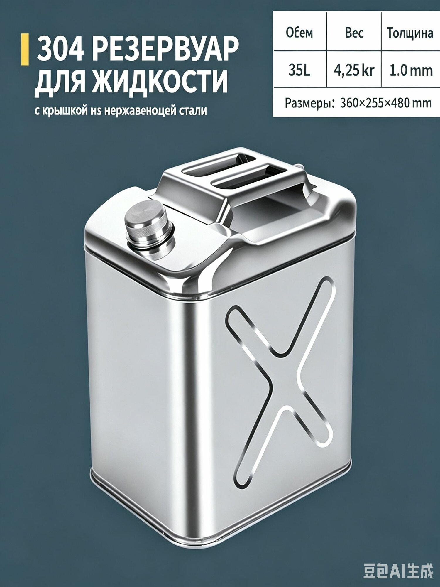 Резервуар для жидкостей 35 л нержавейка 304, канистра для бензина толщина 1 мм, бак для ферм и автопарка