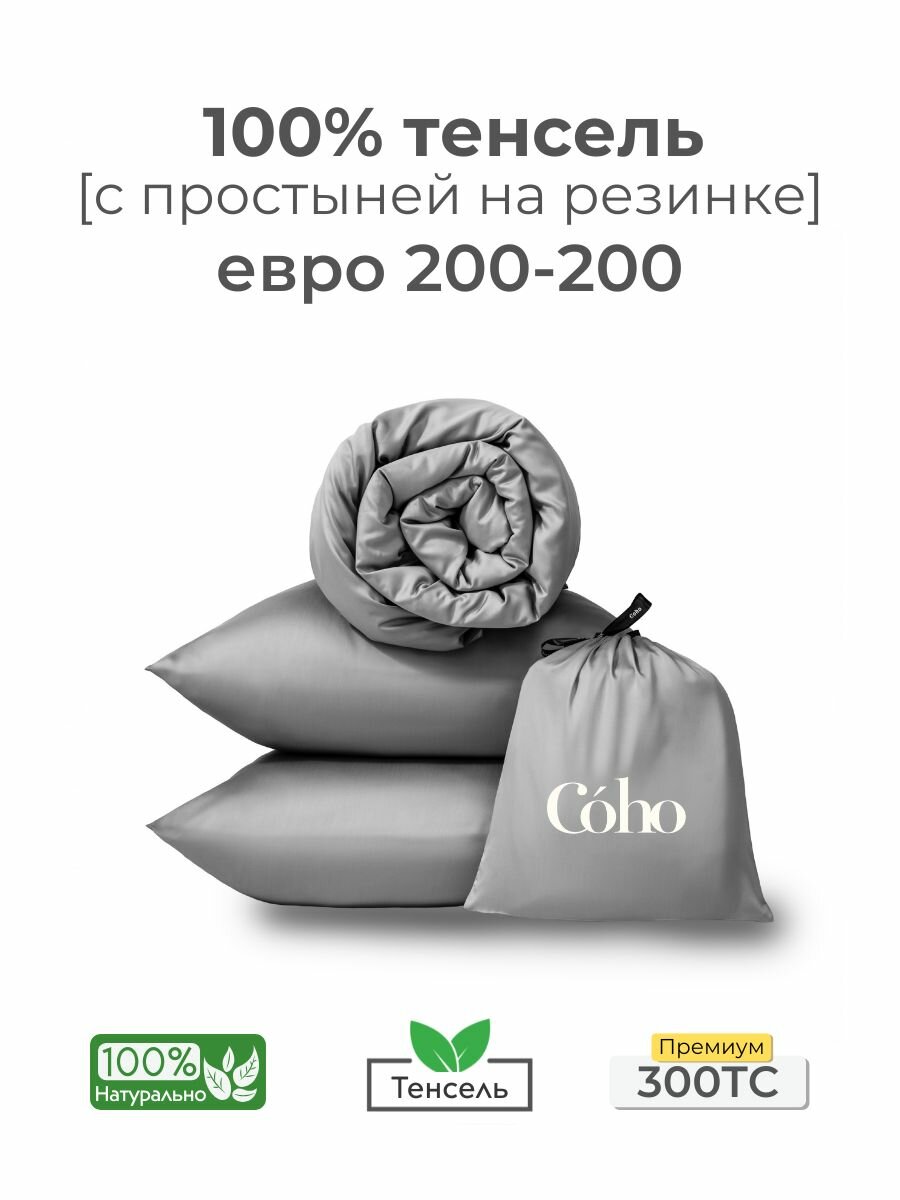 Комплект постельного белья, евро, 50x70, на резинке, 200x200, тенсель, светло-серый, Coho Home