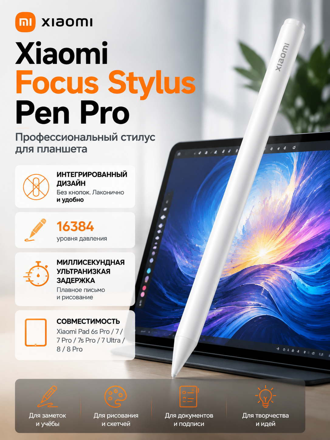 Стилус Xiaomi Focus Stylus Pen Pro для Xiaomi Mi Pad 8/8 Pro, магнитный, белый