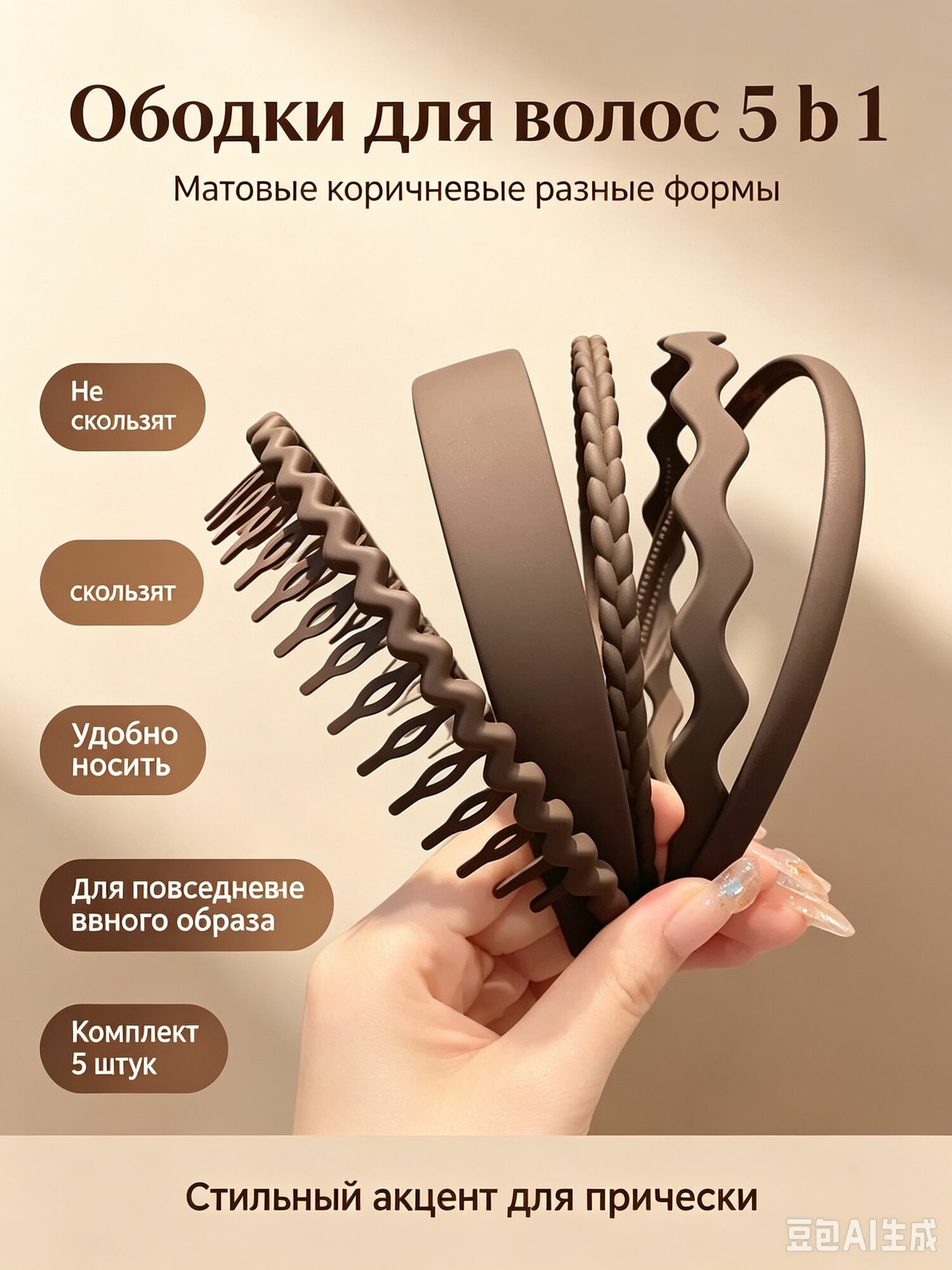 Ободки для волос 5 штук матовые коричневые эластичные для повседневного ношения