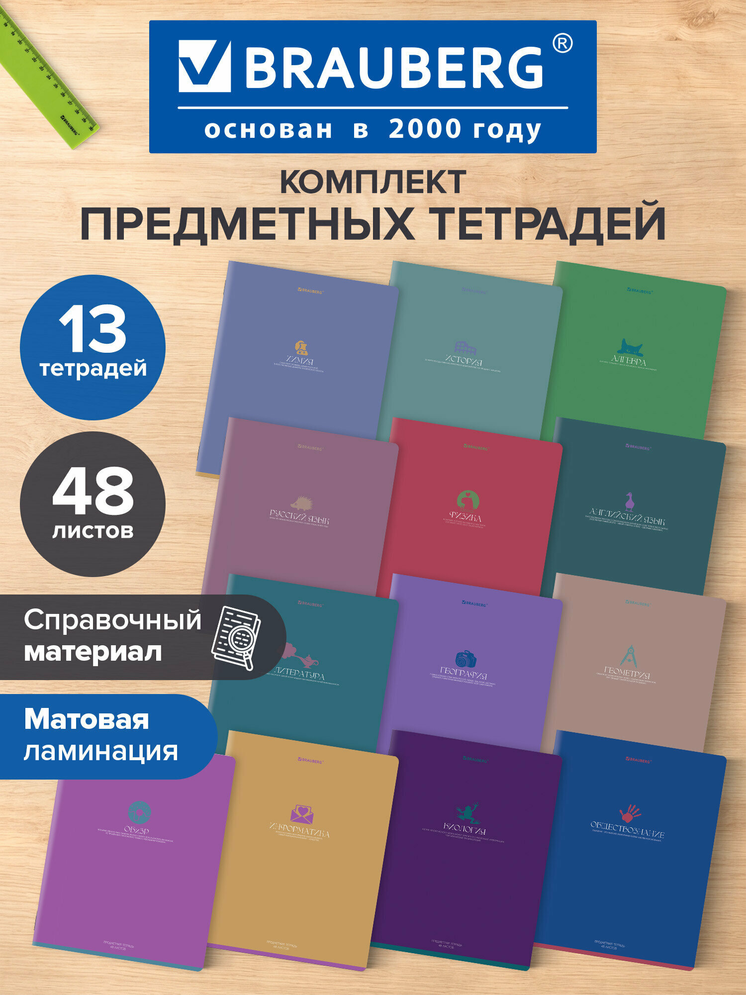 Предметные тетради 48 листов в клетку и линейку A5 набор 13 штук, матовая обложка, Brauberg Monocolor, 405175