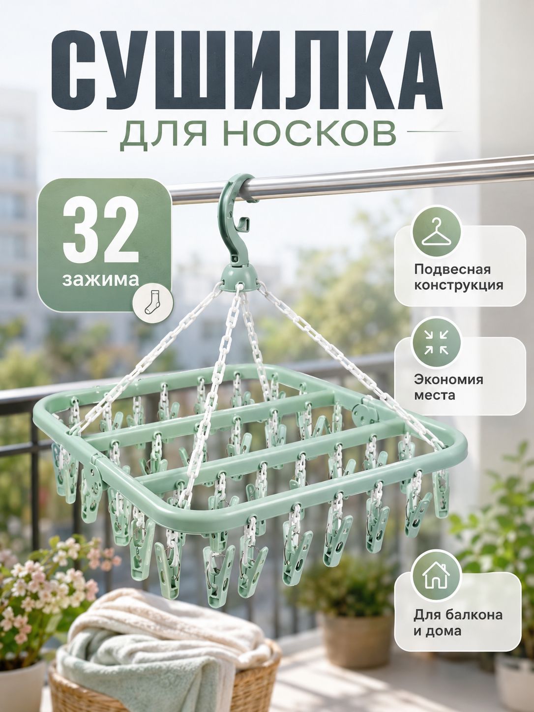 Сушилка для белья навесная складная 32 см х 32 см х 35 см пластик 1 шт зеленый