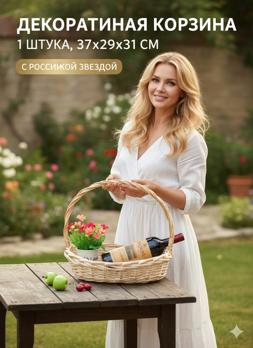 Корзина плетеная декоративная с ручкой 37х29х31 см белая, большая подарочная корзинка для фруктов, пикника и Пасхи