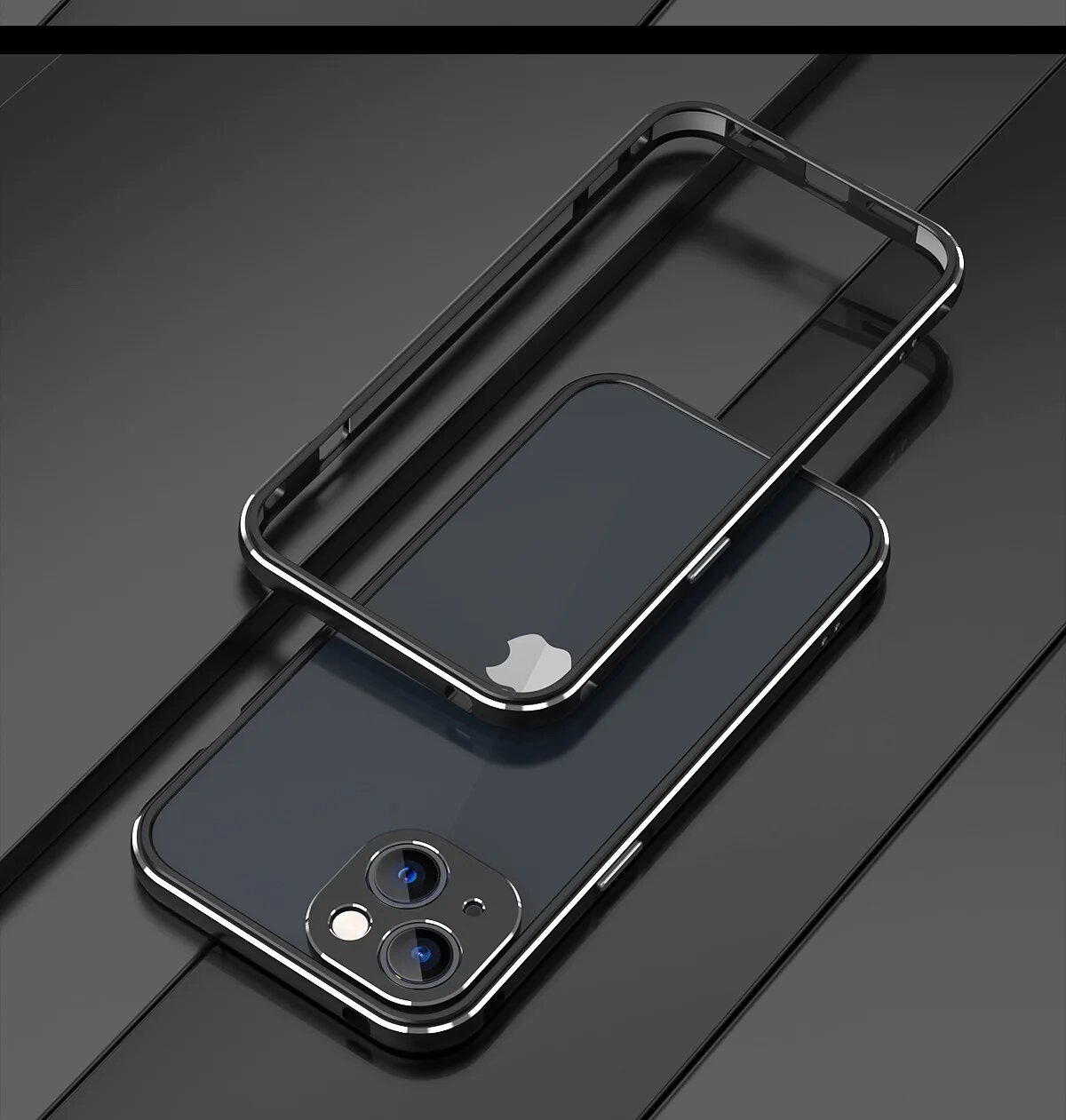 Чехол для iPhone 14 Black-silver, алюминиевый бампер