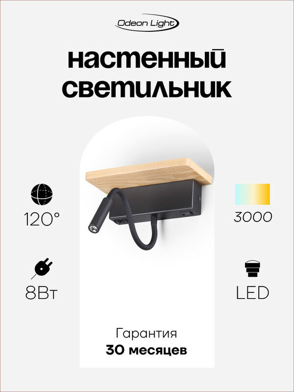 Светильник настенный с полкой, подсветкой и USB зарядкой ODEON LIGHT3868/8WL, LED, 8Вт