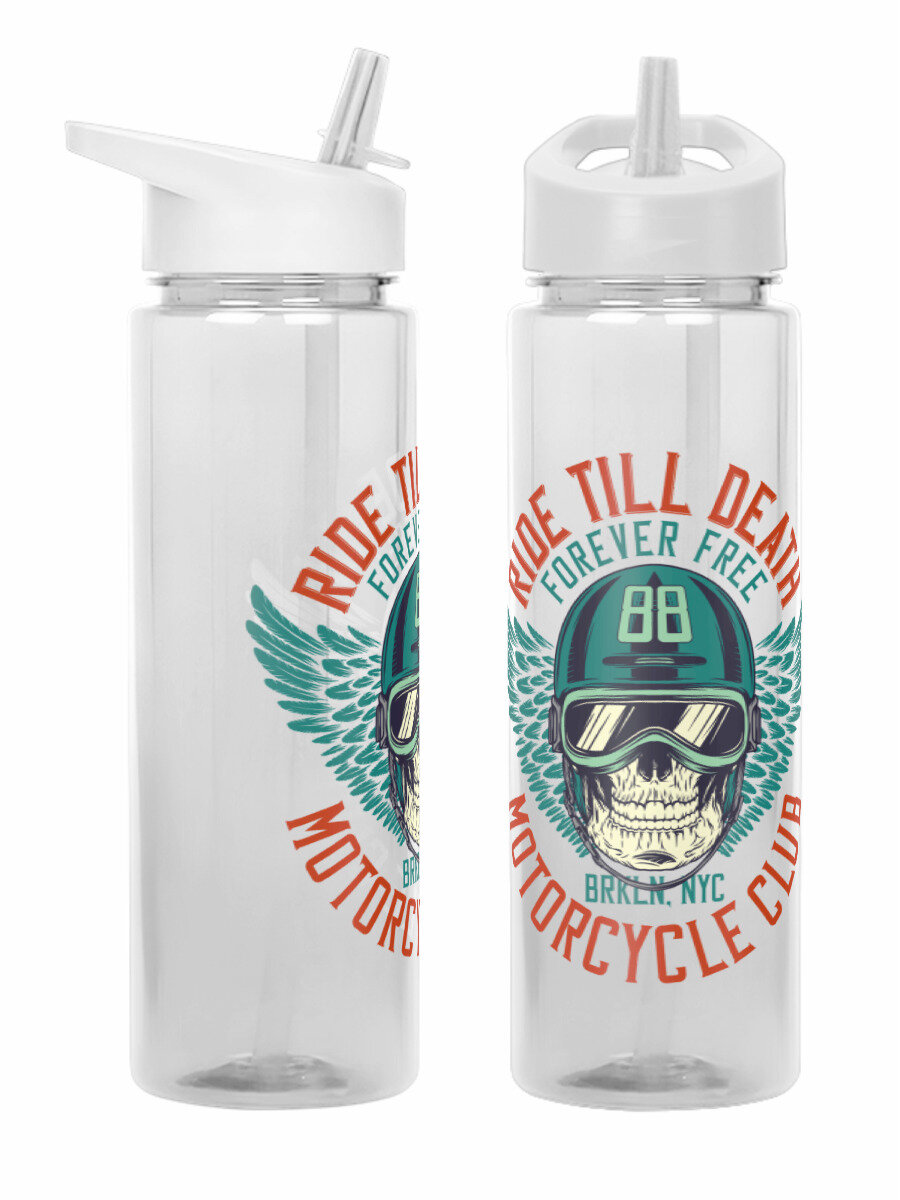Бутылка белая для воды с принтом Череп байкер. Скелет, мотоцикл, гонщик