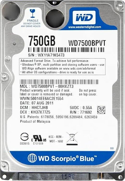 Внутренний жёсткий диск HDD 2.5' SATA WD SCORPIO BLUE 750GB WD7500BPVT