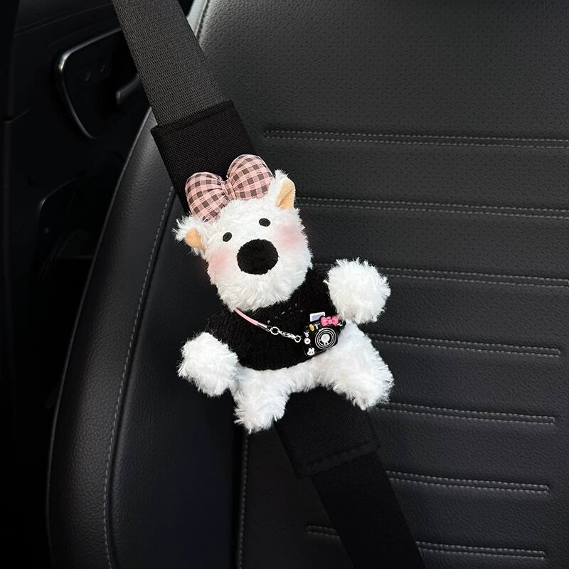 Заголовок на русском: West Highland Dog Theme Coffee Bow Black Sweater Car Seat Belt Protector Hand-Stitched