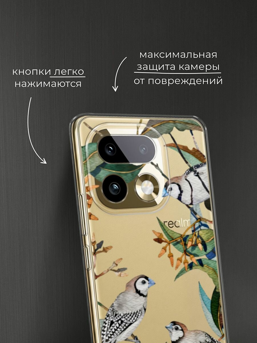 Чехол на Realme 16 Pro+ / Реалме 16 Про+ с принтом Птицы в листве, прозрачный — фото 1