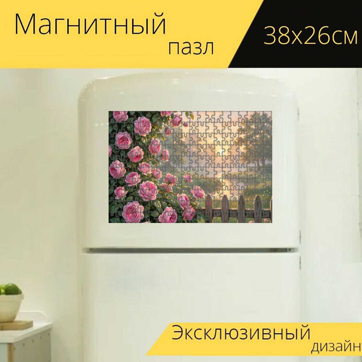 Магнитный пазл "Розы у реки на закате. Нежный романтичный пейзаж с пышными розовыми бутонами, деревянным забором и тихой рекой в тёплом вечернем свете." для интерьера, 38х26 см.
