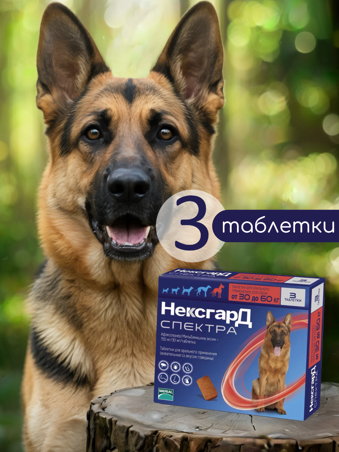 Нексгард Спектра для собак весом 30-60 кг XL (09.2026), жевательная таблетка от клещей