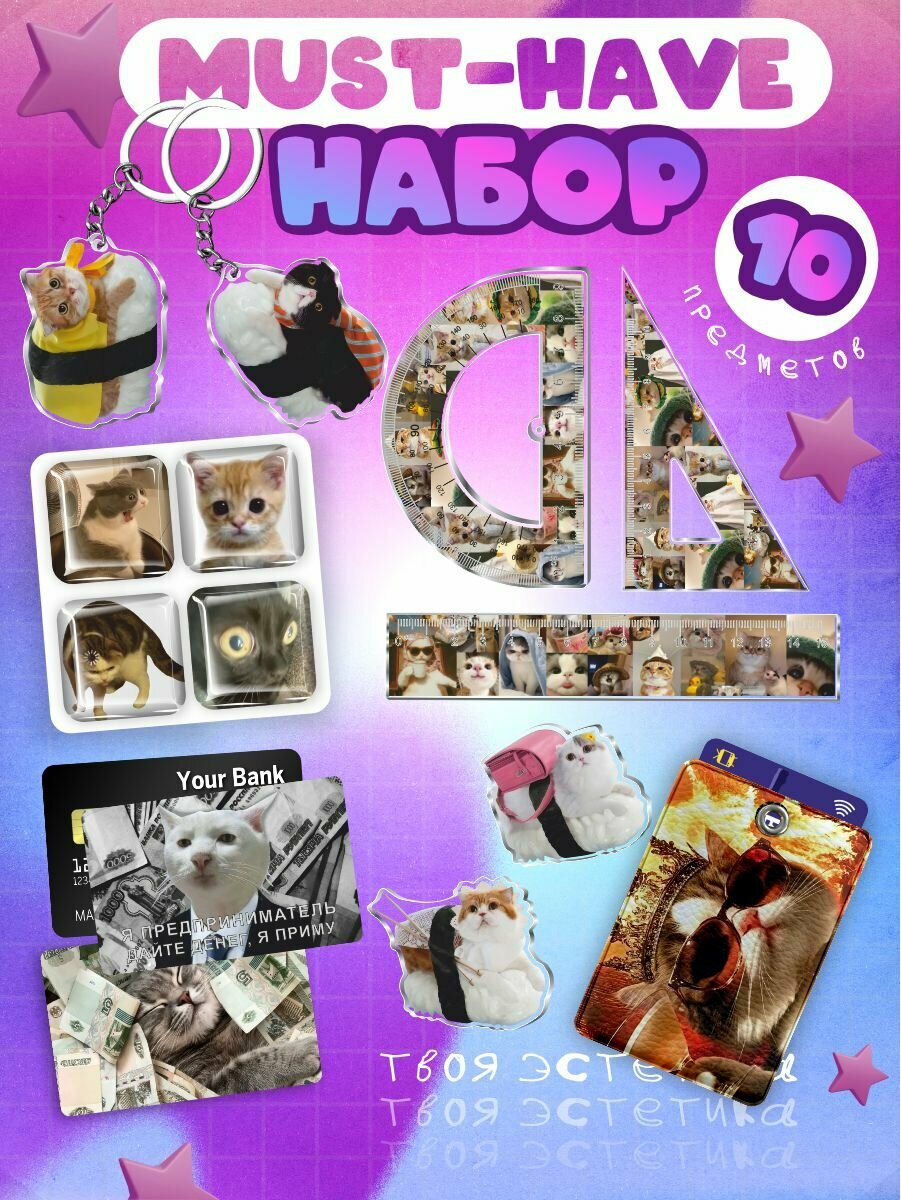 Набор канцелярии для школы с картхолдером мемные коты