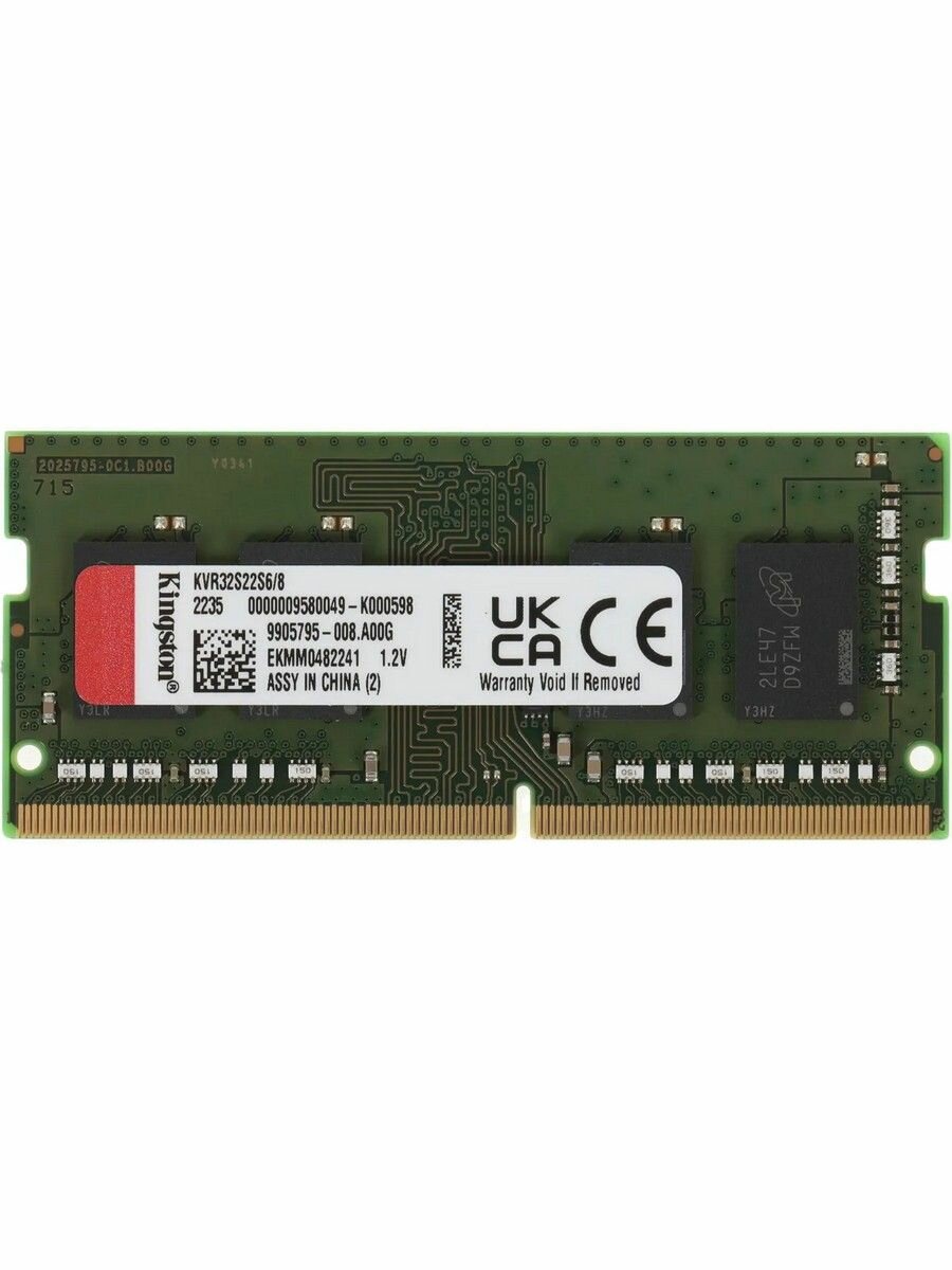 Оперативная память Kingston Valueram, 8 ГБ, DDR4, 3200 МГц, SODIMM, CL22, 1Rx16, для ноутбуков (KVR32S22S6/8)