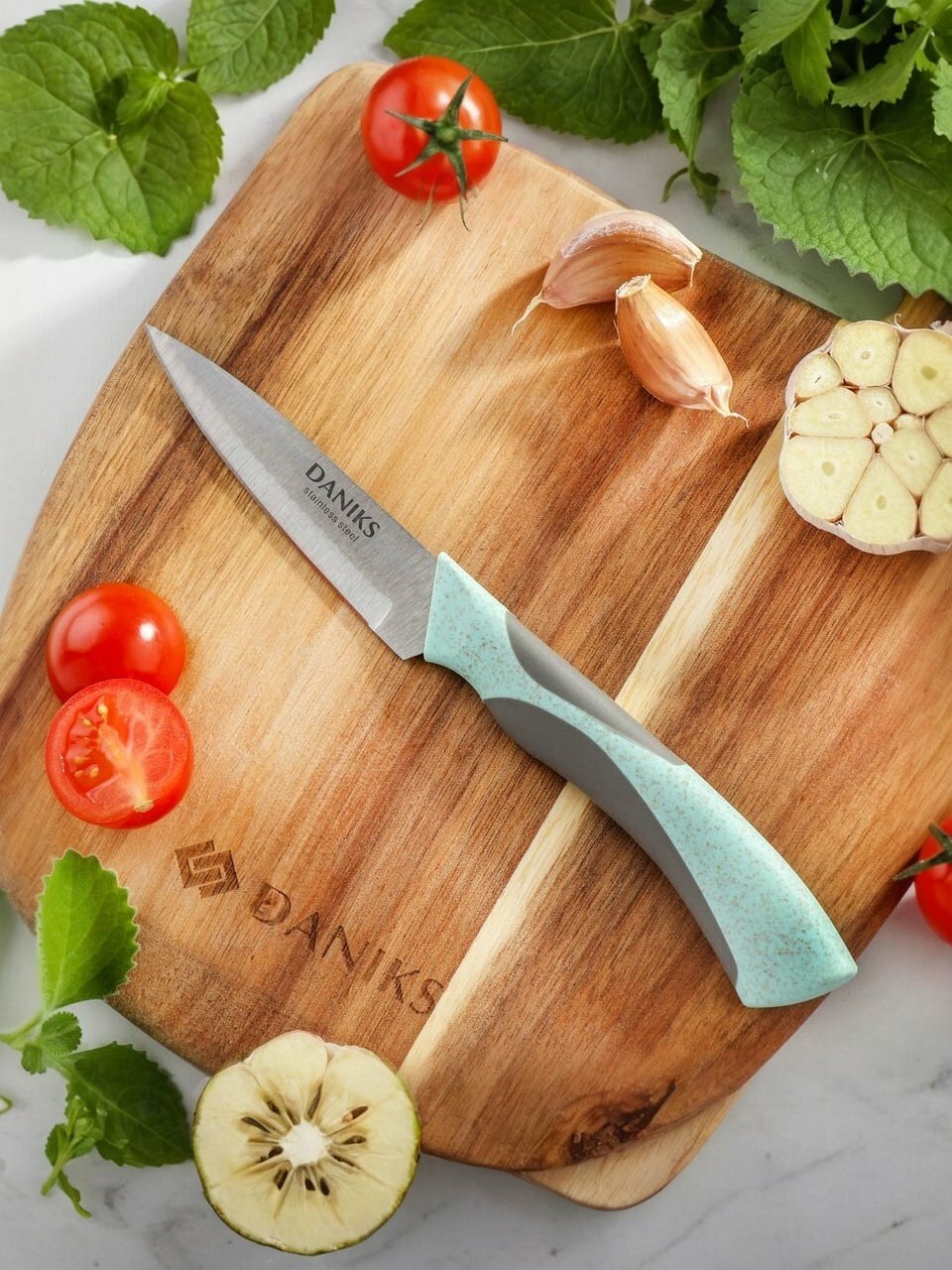 Нож кухонный Daniks Gusto для овощей, сталь, 9 см, бирюзовый, пластиковая рукоятка, прямой, для посудомоечной машины