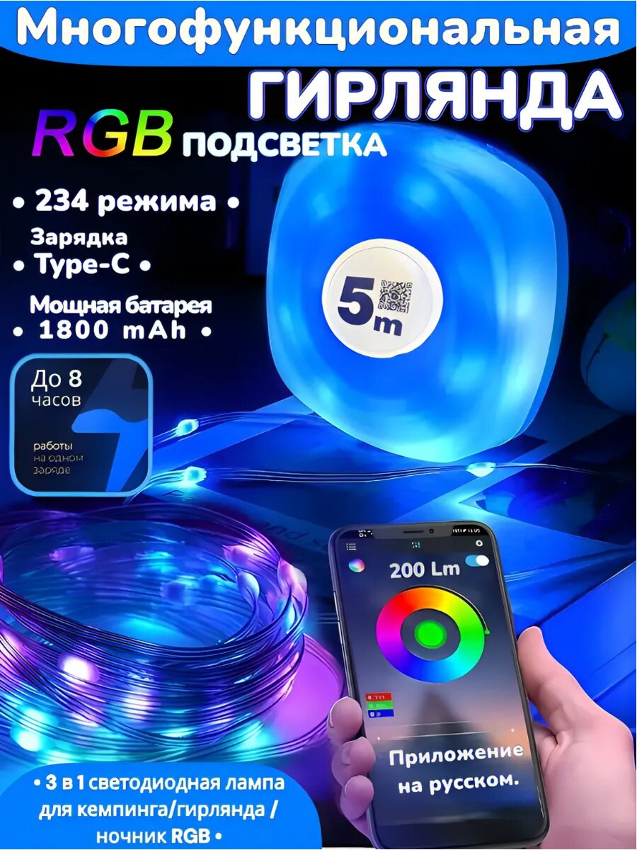 Эксклюзивная гирлянда со светодиодной RGBподсветкой длиной 5 метров для премиум декора интерьера праздничной елки и использования в кемпинге обладает водонепроницаемостью