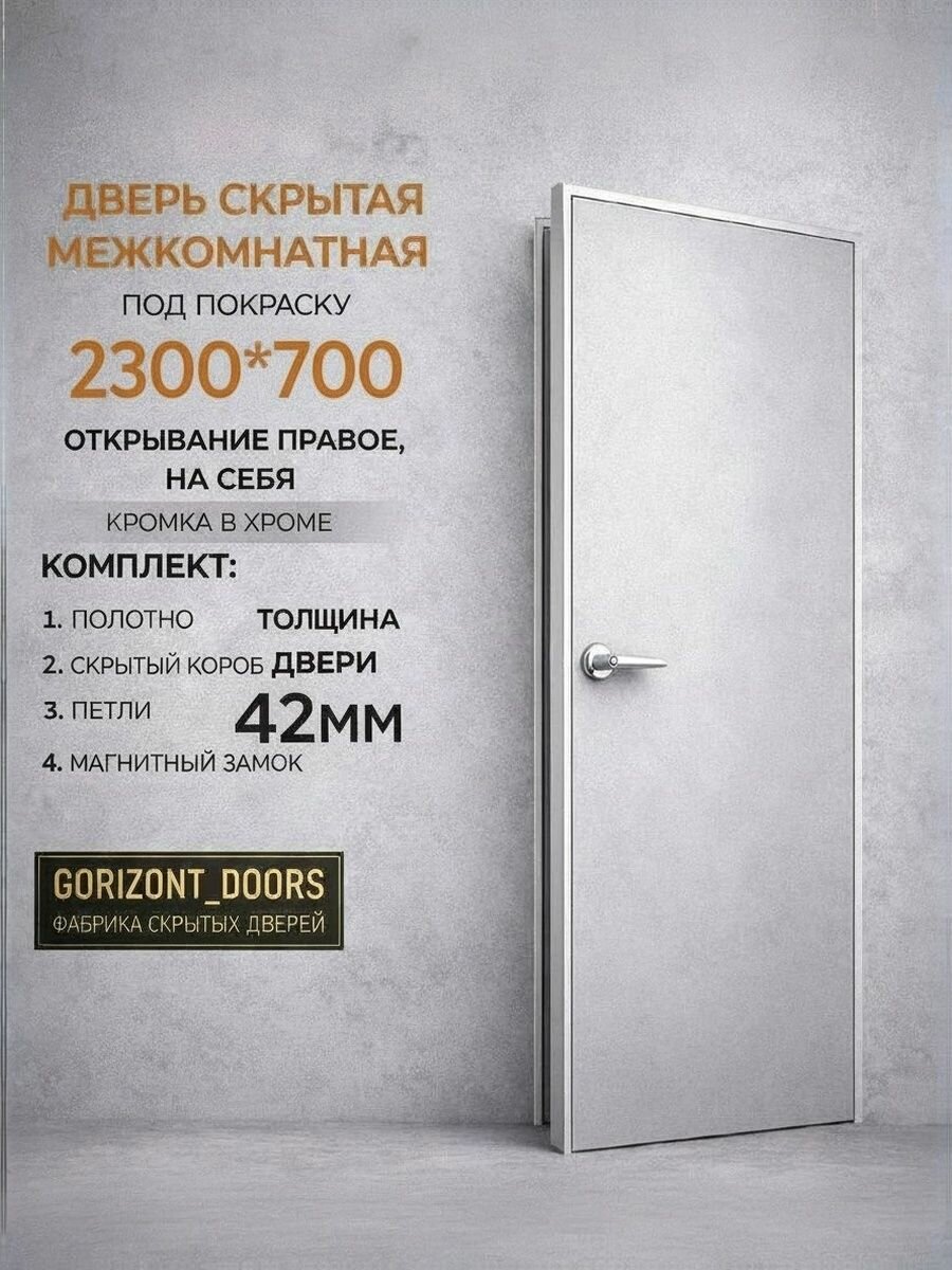Скрытая межкомнатная дверь комплект INVISIBLE на себя, петли справа 700х2300 хром кромка