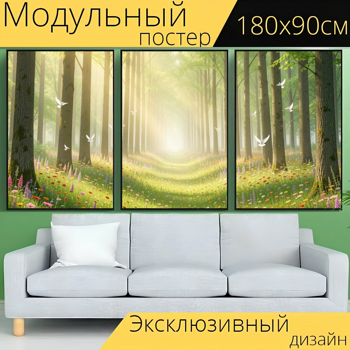 Модульный постер "Солнечный лесной луг с птицами. Живописная лесная поляна в мягком утреннем свете, высокие стволы деревьев, цветущие." 180 x 90 см. для интерьера на стену в тубусе
