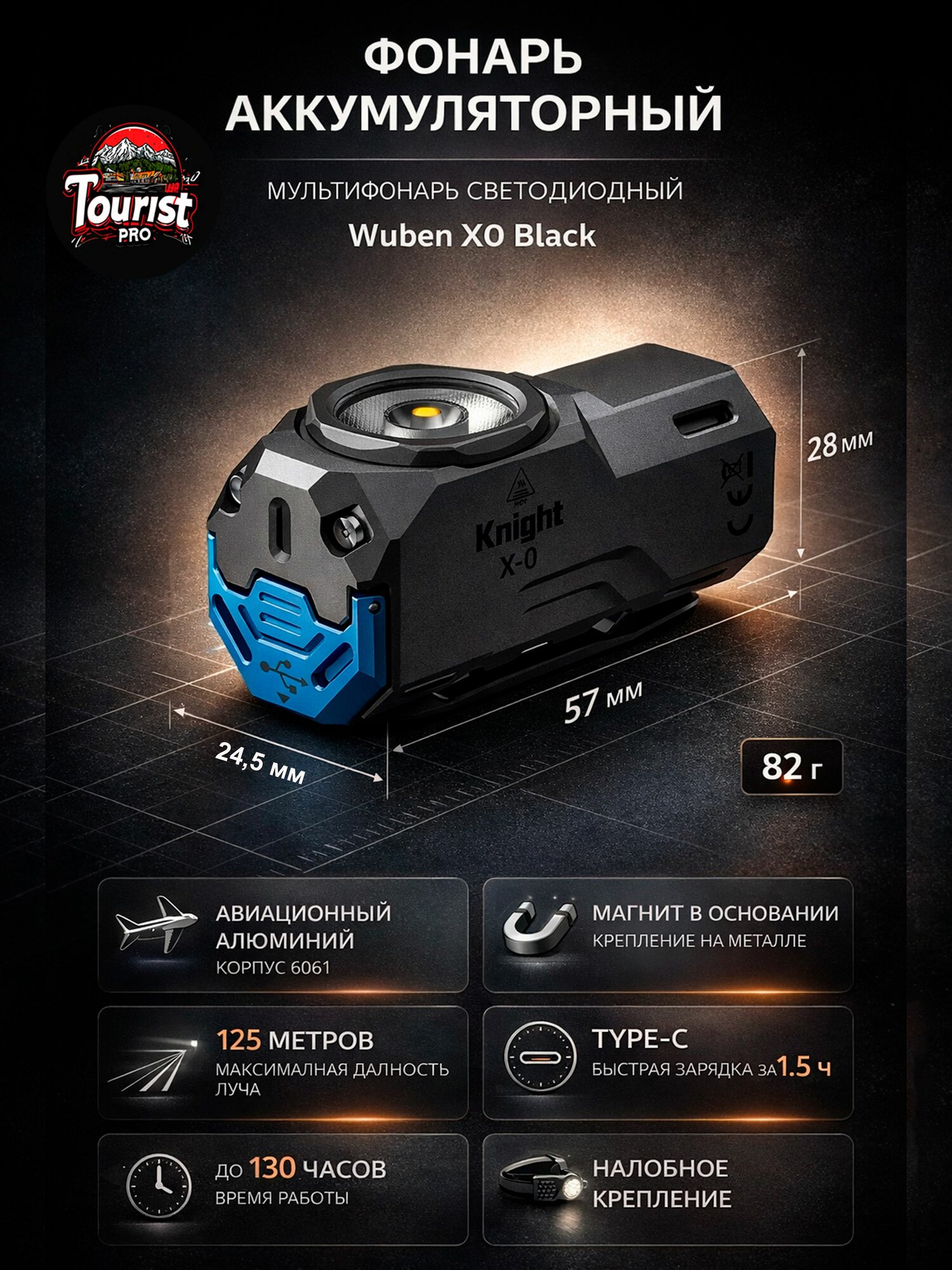 Фонарь Wuben X0 Black + Налобное крепление , 1100 лм, IP68, 10 режимов, с зарядкой Type-C