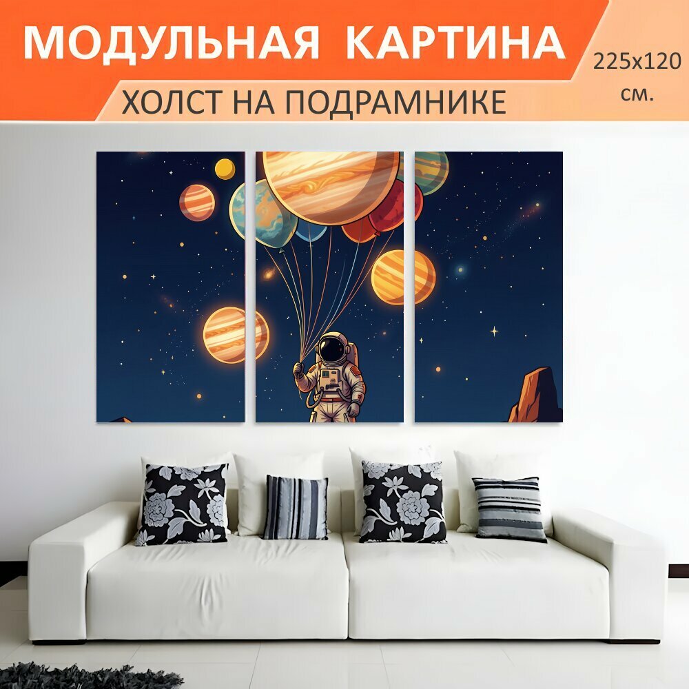 Модульная картина на холсте "Космонавт и планеты в небе. Футуристическая космическая сцена с астронавтом на пустынной планете и." триптих на подрамнике 225х120 см. для интерьера