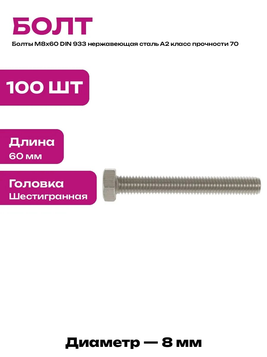 Болты М8х60 DIN 933 сталь А2 нержавейка шестигранная головка