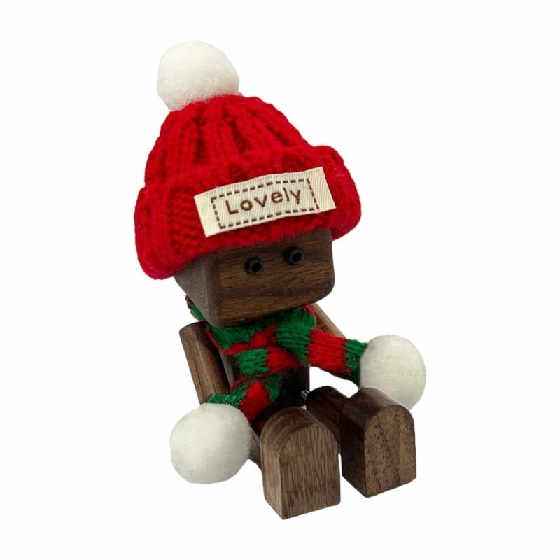 (1 шт.) Деревянная автомобильная фигурка "Человечек" с вязаной шапкой и шарфом - красный, черный орех