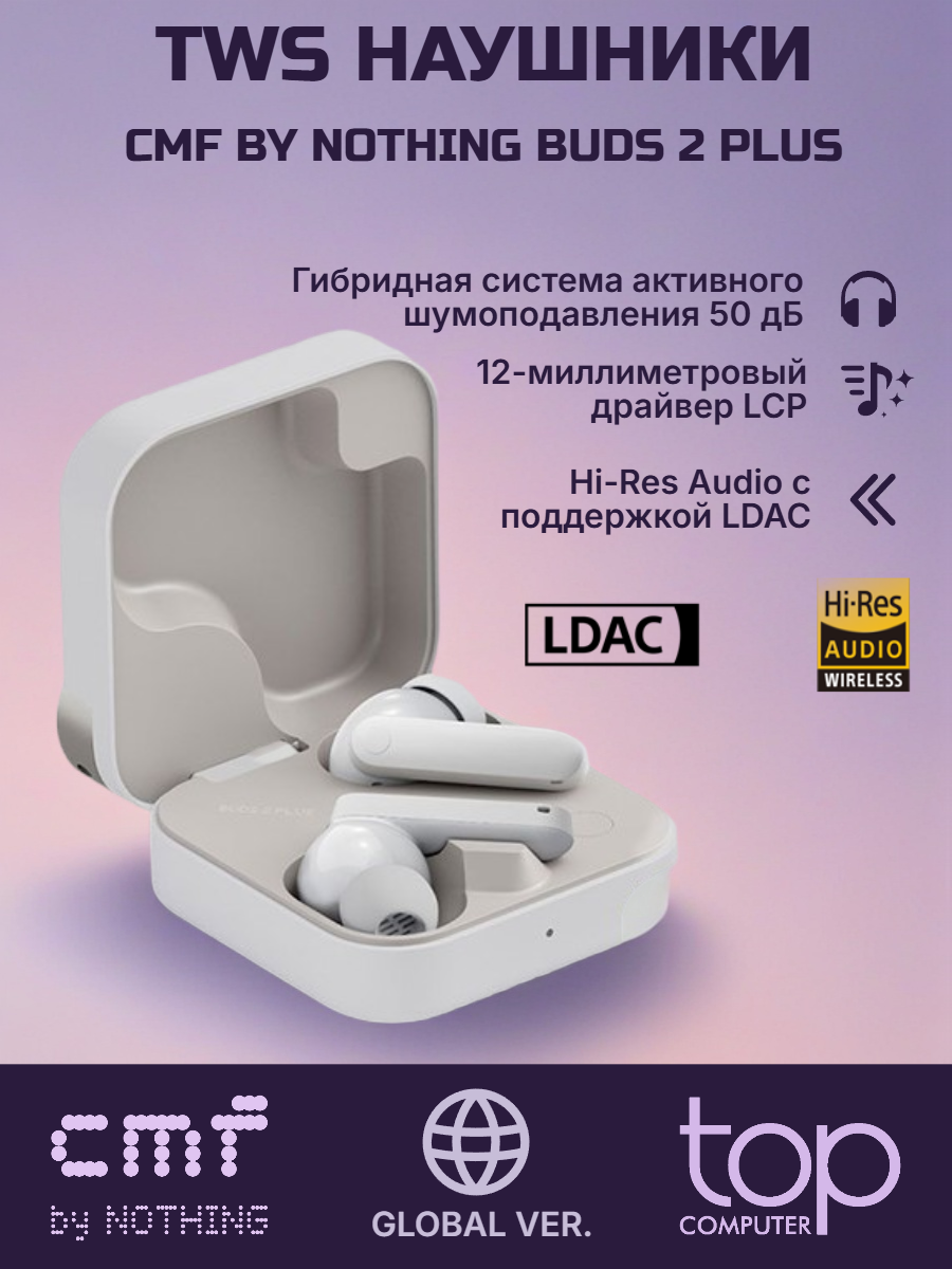 Наушники CMF by Nothing Buds 2 Plus ANC 6 микрофонов (B184) светло-серый, 12 мес. гарантия
