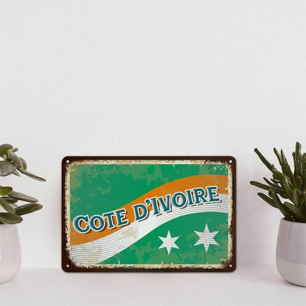 Винтажная металлическая табличка с флагом Кот-д'Ивуара и надписью "Кот-д'Ивуар" украшает гостиную