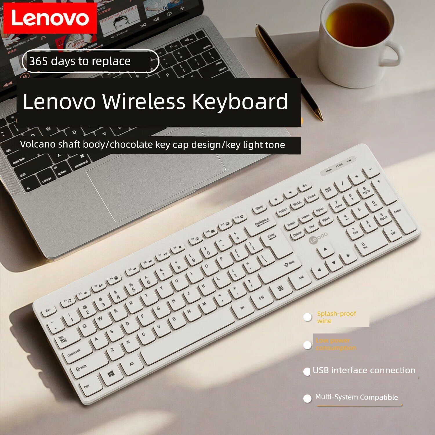 Lenovo Тихая беспроводная клавиатура Одиночная Белая для настольного и ноутбука модель KB201