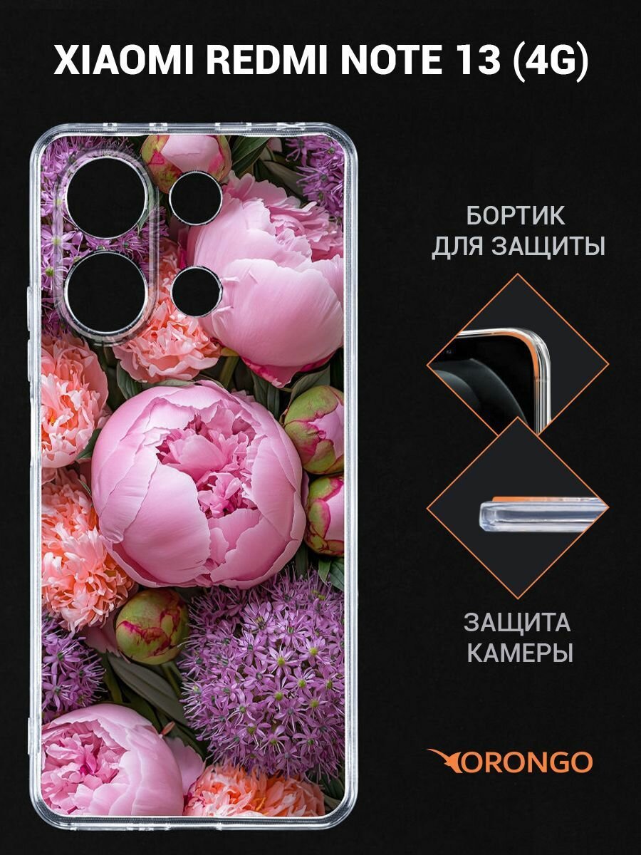 Чехол на Xiaomi Redmi Note 13 4G прозрачный с рисунком, с защитой камеры, с принтом бутоны розовые
