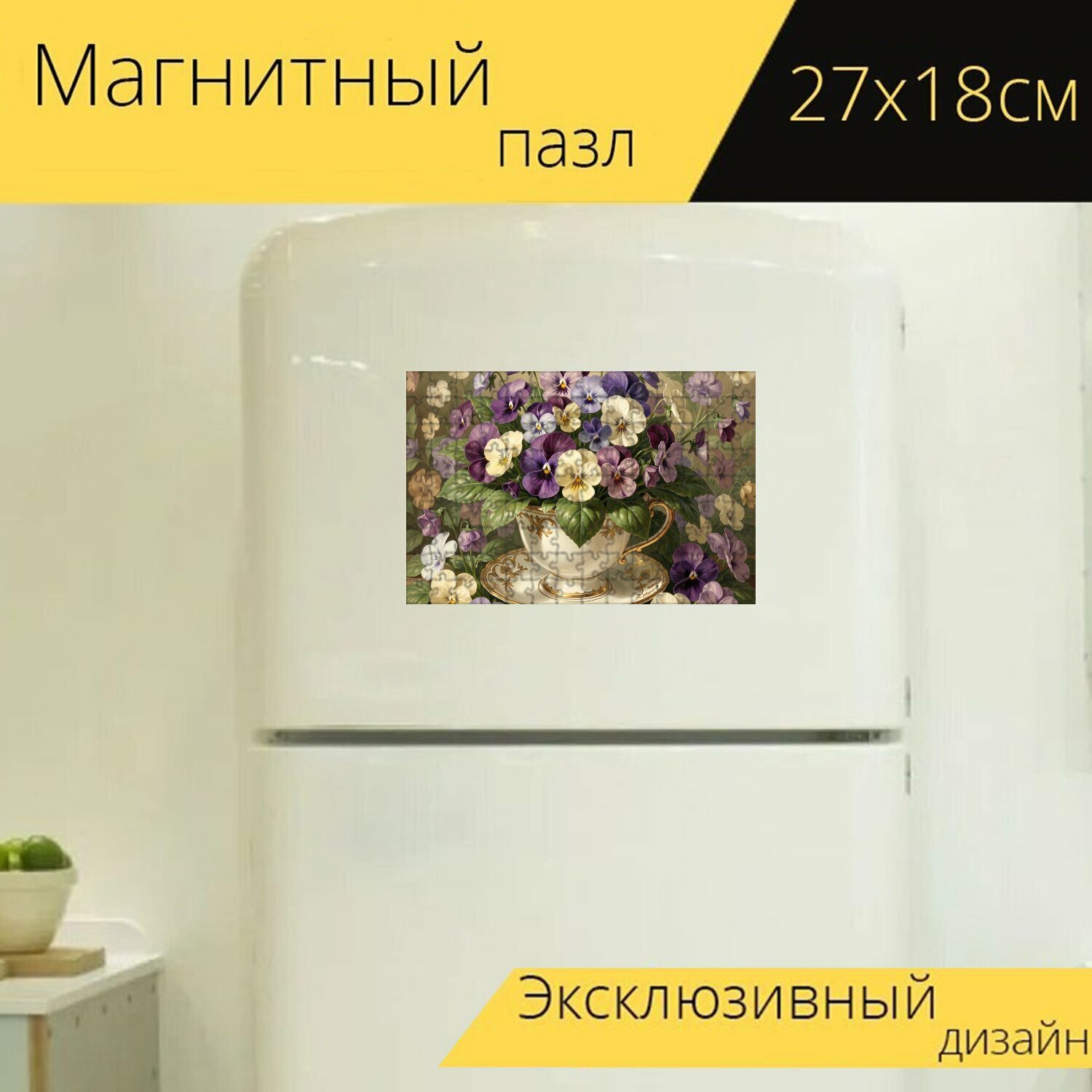 Магнитный пазл "Фиалки в фарфоровой чашке. Нежная ботаническая композиция в винтажной стилистике: пышные анютины глазки и зелёные листья в изящной." на холодильник 27 x 18 см.