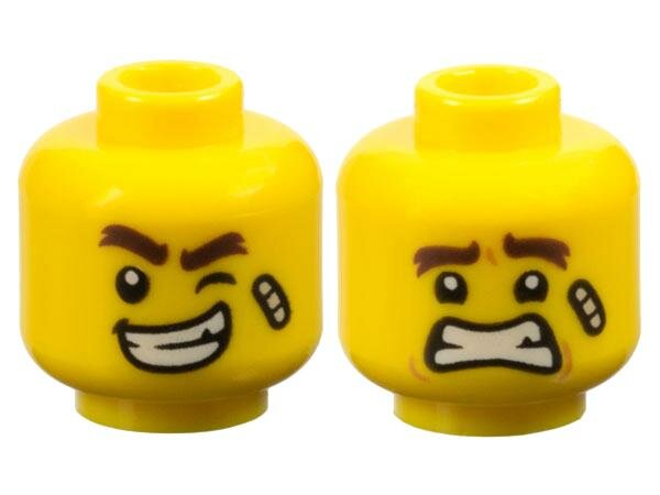 Деталь Lego 3626pb2439 Minifigure, Head Dual Sided Dark Brown Thick Eyebrows, Bandage, Wink and Lopsided Open Mouth Smile with Teeth / Scared Pattern