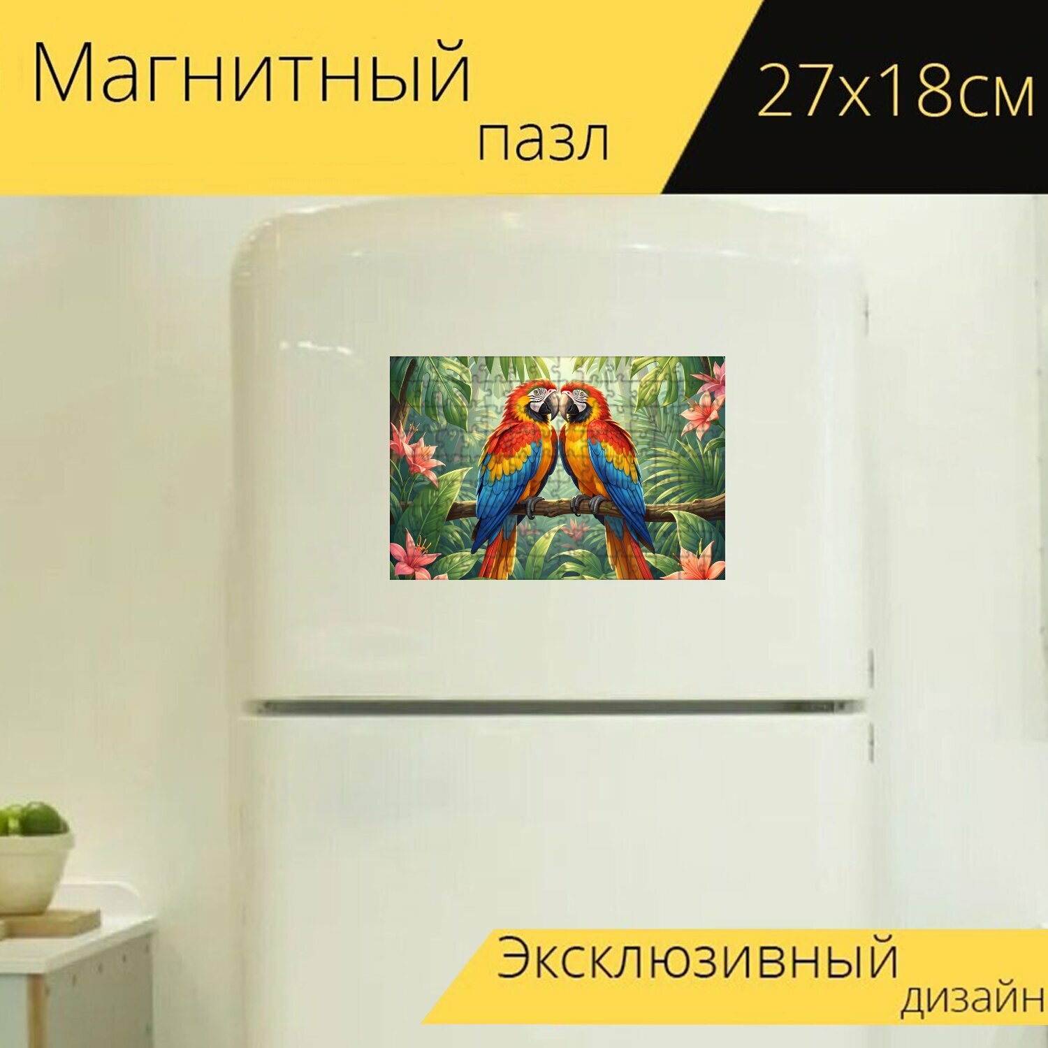 Магнитный пазл "Два попугая в тропиках. Яркая тропическая сцена с парой разноцветных ара на ветке среди густых пальмовых листьев и розовых цветов." на холодильник 27 x 18 см.