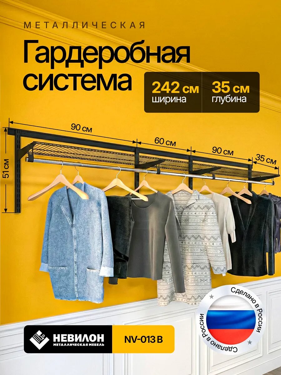 Гардеробная система хранения NV-013 черный металлическая настенная модульная для вещей, одежды и вешалок