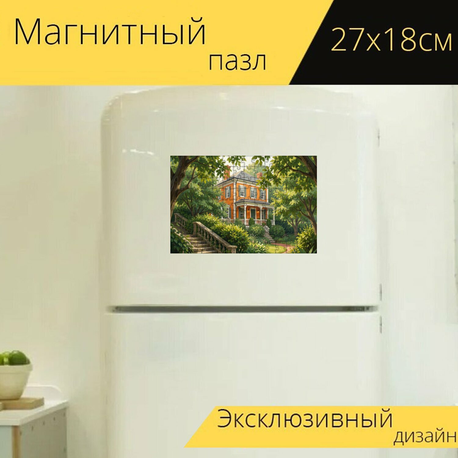 Магнитный пазл "Уютный дом в зелёном саду. Живописный особняк в тёплых оранжевых тонах среди густой листвы, с лестницей, верандой и тропинкой. Летний." на холодильник 27 x 18 см.