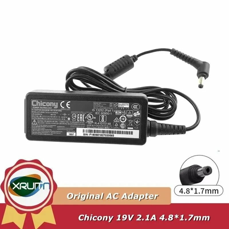 Адаптер питания Chicony A13-040N3A 19V 2.1A 40W A040R074L для ноутбука, блок питания 4.8мм*1.7мм OEM Трехлетняя гарантия