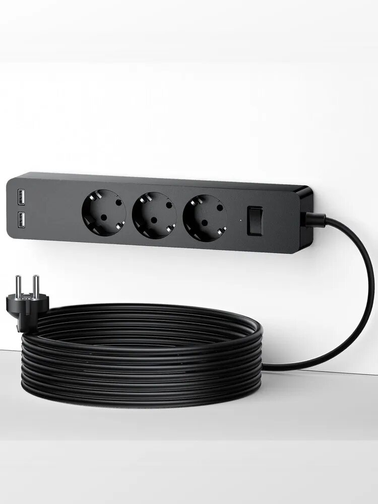 Сетевой фильтр NTONPOWER GPC с 5 розетками, 2USB-A и 2USB-C, кабель 3 м Защита от перегрузки, скачков напряжения и короткого замыкания Черны