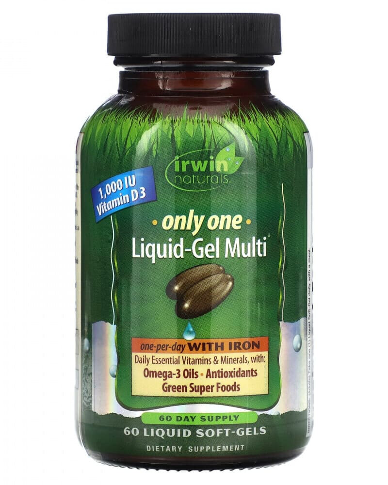 Irwin Naturals Only One Liquid-Gel Multi (with Iron), Мультивитамин в виде жидкого геля, с железом 60 гелевых капсул
