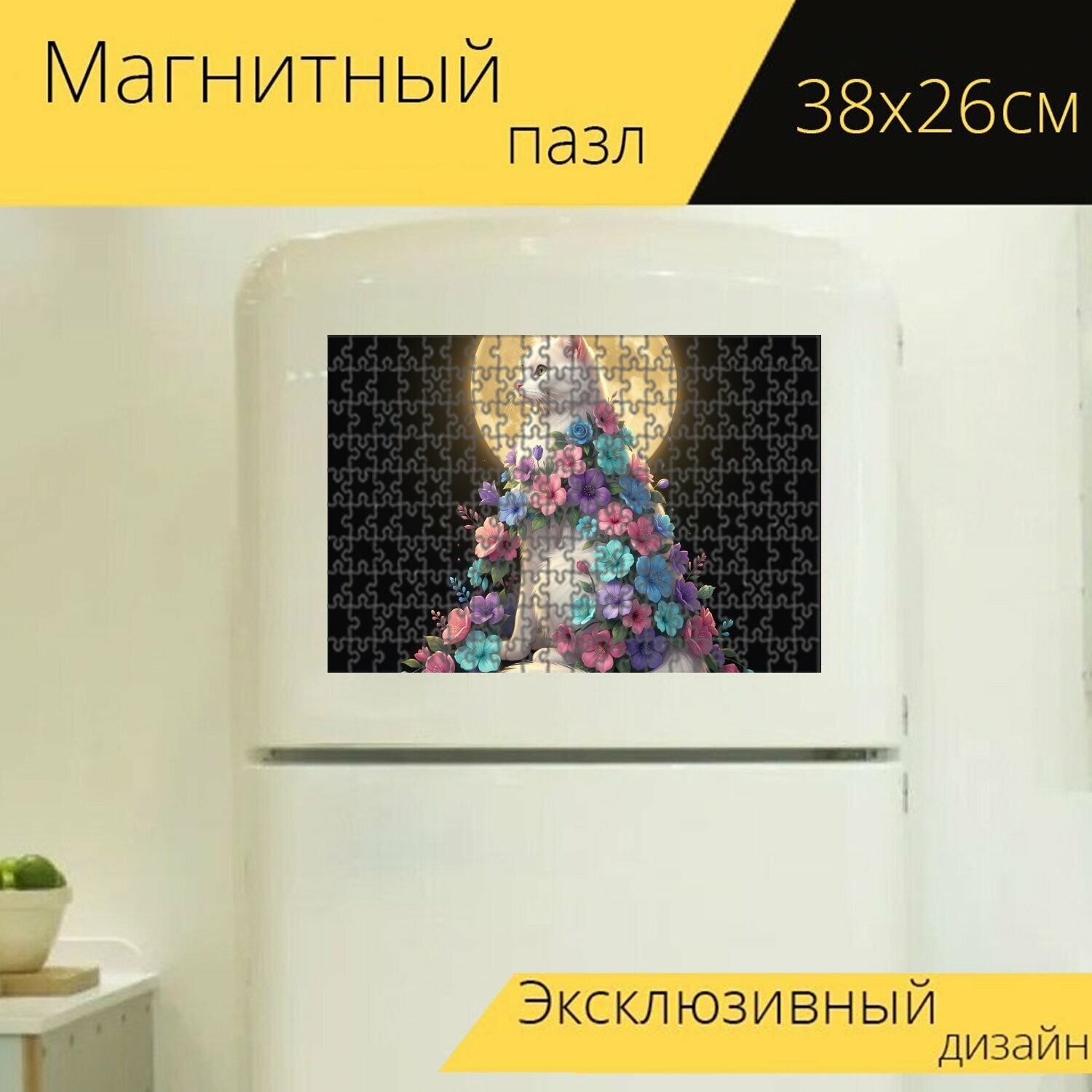 Магнитный пазл "Белая кошка в цветах. Нежная иллюстрация с пушистой светлой кошечкой на фоне полной луны, украшенной яркими розовыми, голубыми и фиолетовыми." для интерьера, 38х26 см.