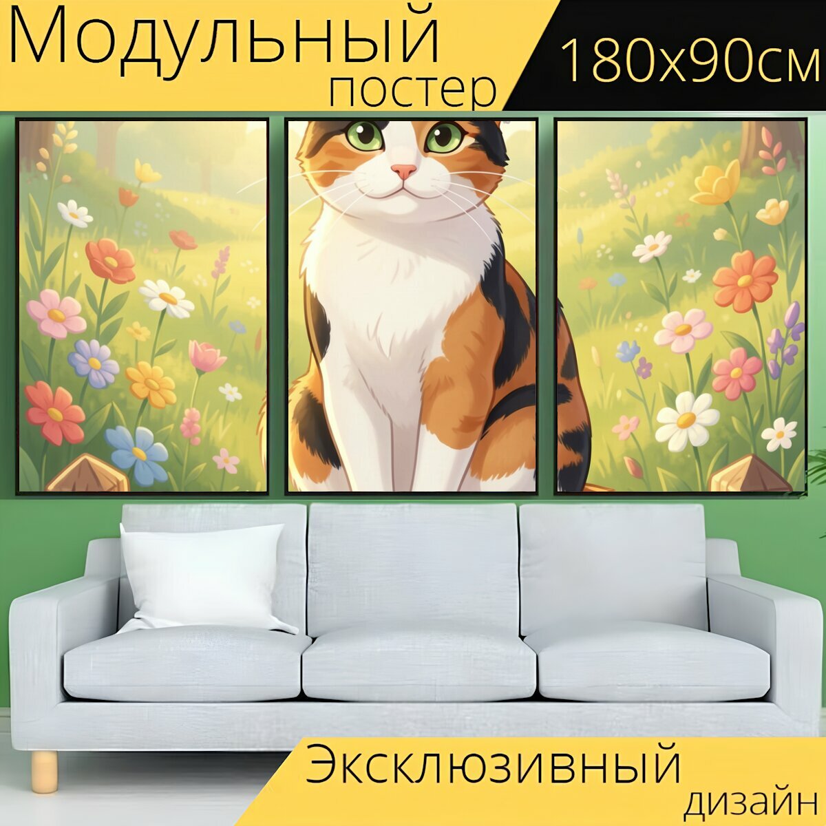 Модульный постер "Трехцветная кошка в венке. Милая домашняя любимица с ромашками на голове сидит на деревянном заборе среди цветущего." 180 x 90 см. для интерьера на стену в тубусе