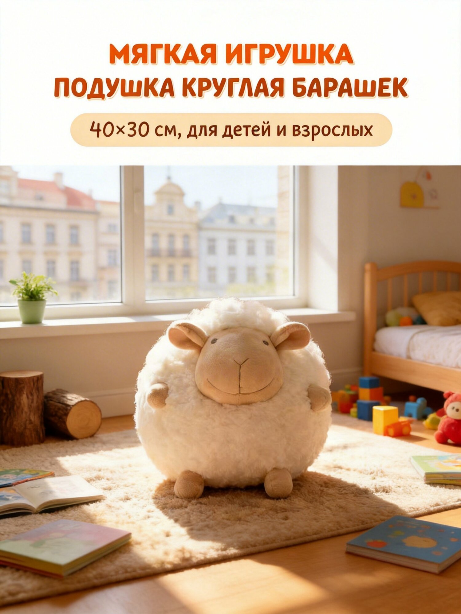 Мягкая игрушка-подушка Овечка Барашек, круглая 40x30 см для детей и взрослых, уютный аксессуар для сна и объятий