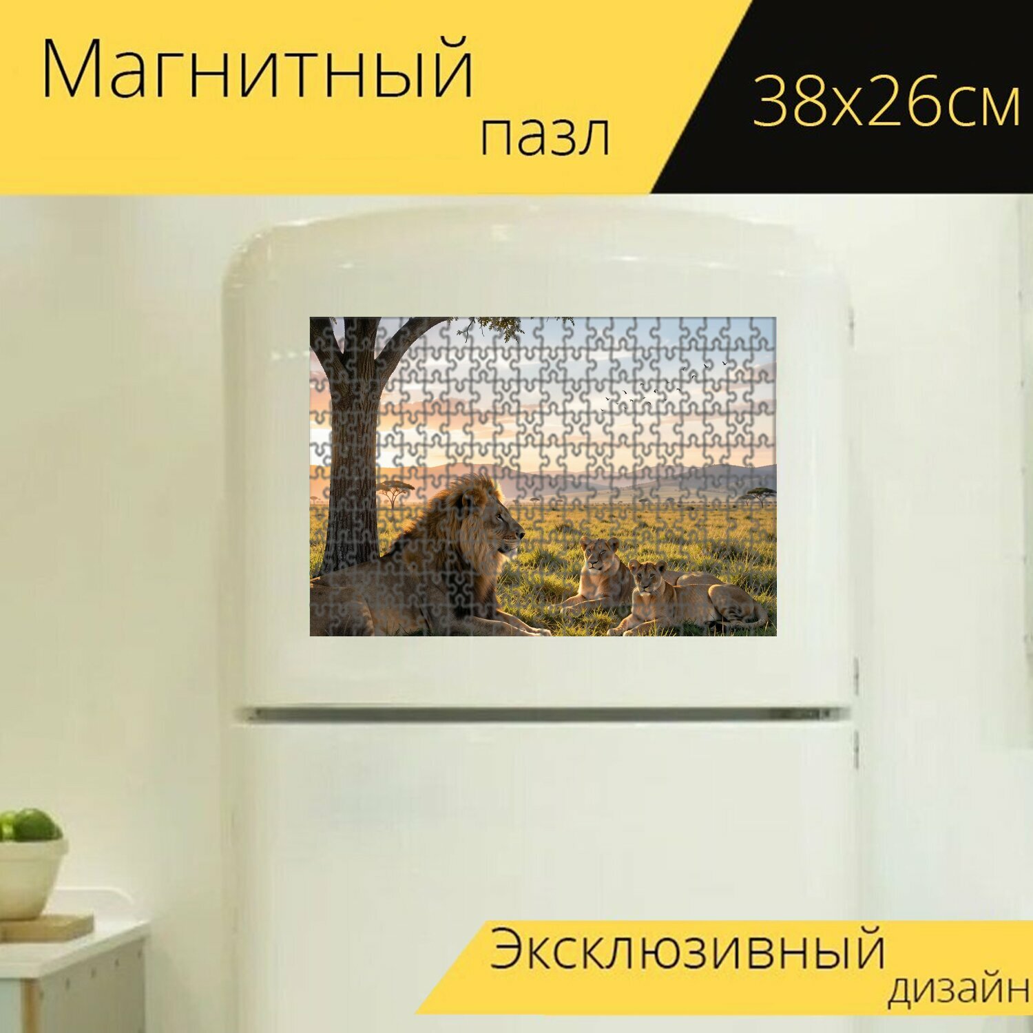 Магнитный пазл "Львиная семья в саванне. Африканские хищники отдыхают в траве под деревом на фоне закатного неба, холмов и птиц. Реалистичная природа." для интерьера, 38х26 см.