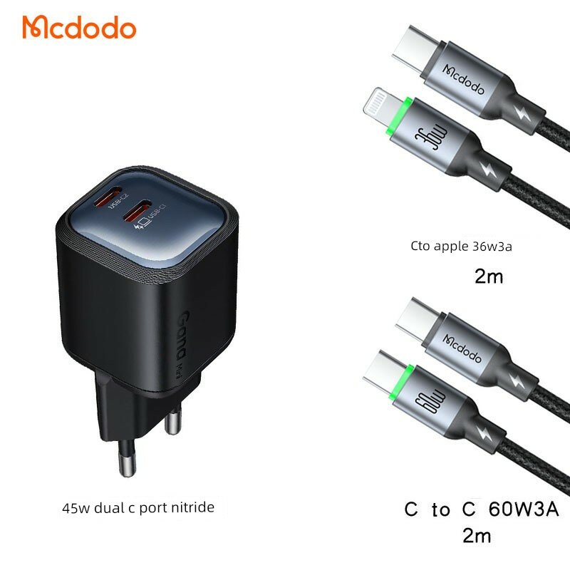 45W GaN двойное USB-C зарядное устройство евроштепсель, черный с двумя кабелями для iPhone Samsung Apple