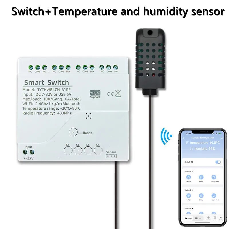 Tuya WiFi 4-канальный реле с датчиком температуры и влажности, 85-250V