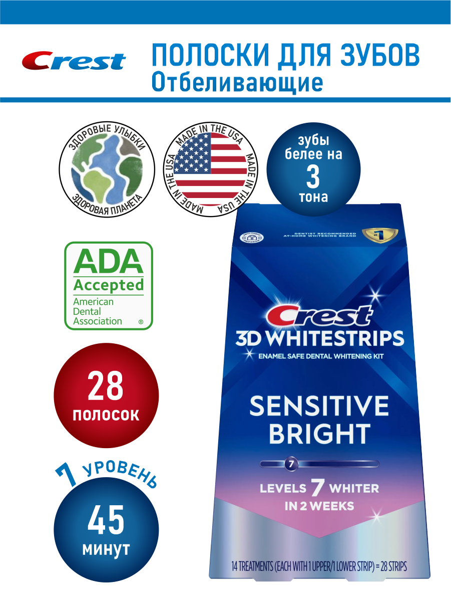Отбеливающие полоски для чувствительных зубов Crest 3D Whitestrips Sensitive Bright 28 шт./уп.