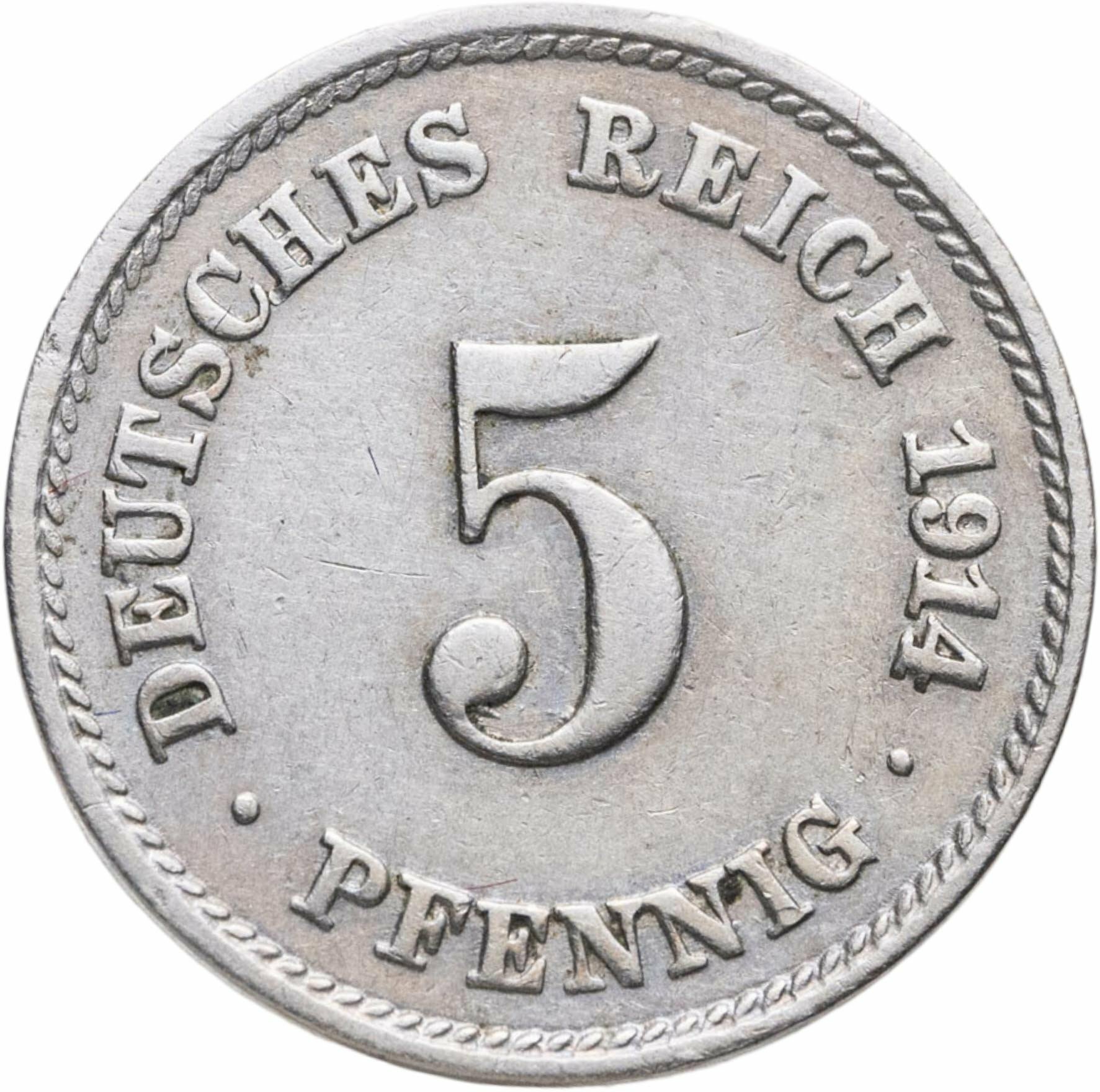 Германия 5 пфеннигов pfennig 1914 F знак монетного двора: "F" - Штутгарт, Мельхиор медь-никель, в сохранности VF-XF