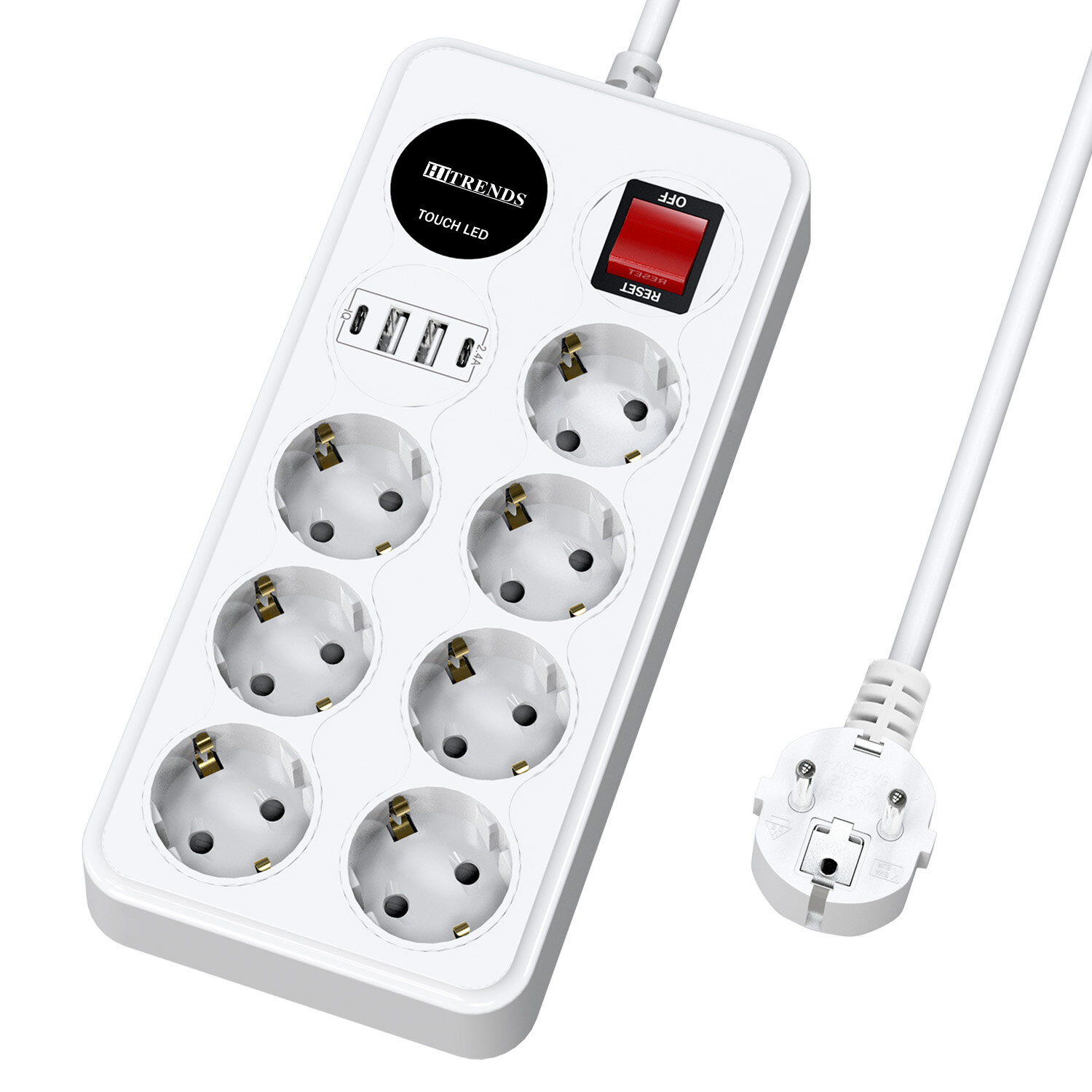 HITRENDS - Удлинитель с подсветкой: 7 евророзеток с выключателем, 2 USB-A и 2 Type-C, 250V 2500W, кабель 1.8м, защита от перенапряжения