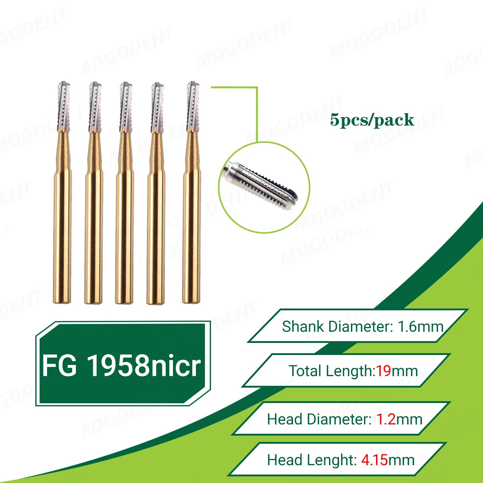 Стоматологические боры FG 1958 nicr, 1.6mm, 19mm, 1.2mm, 4.15mm,