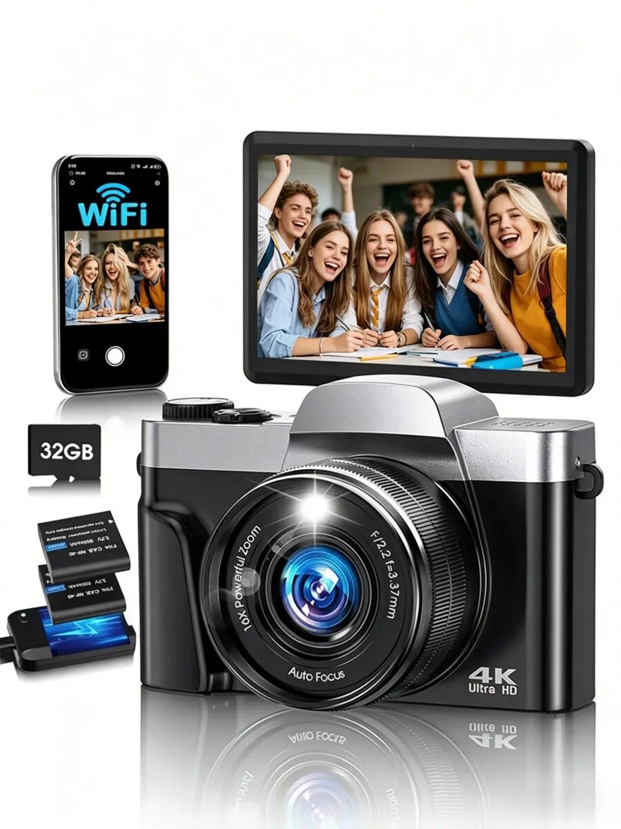 Цифровой фотоаппарат 4K 64 МП с поворотным экраном Wi-Fi