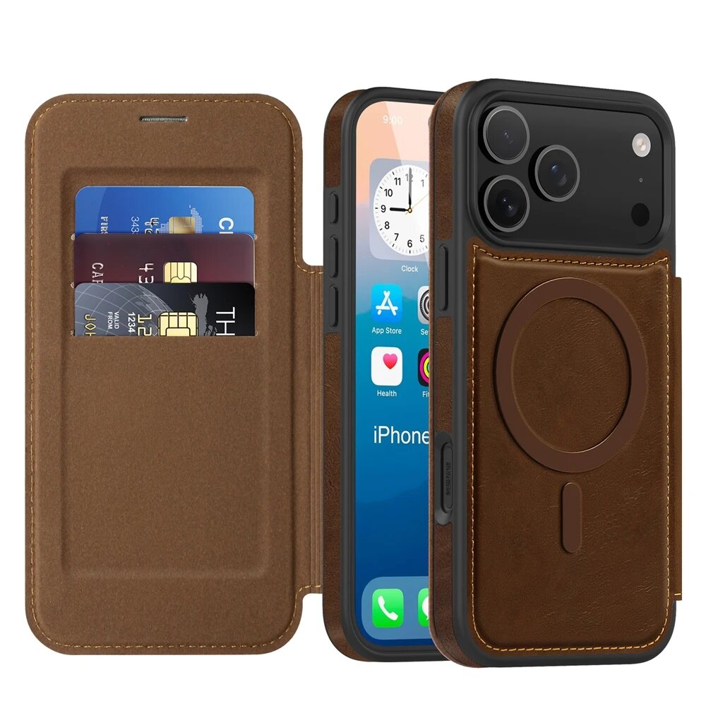 Коричневый кожаный чехол-книжка для iPhone 17 Pro Max