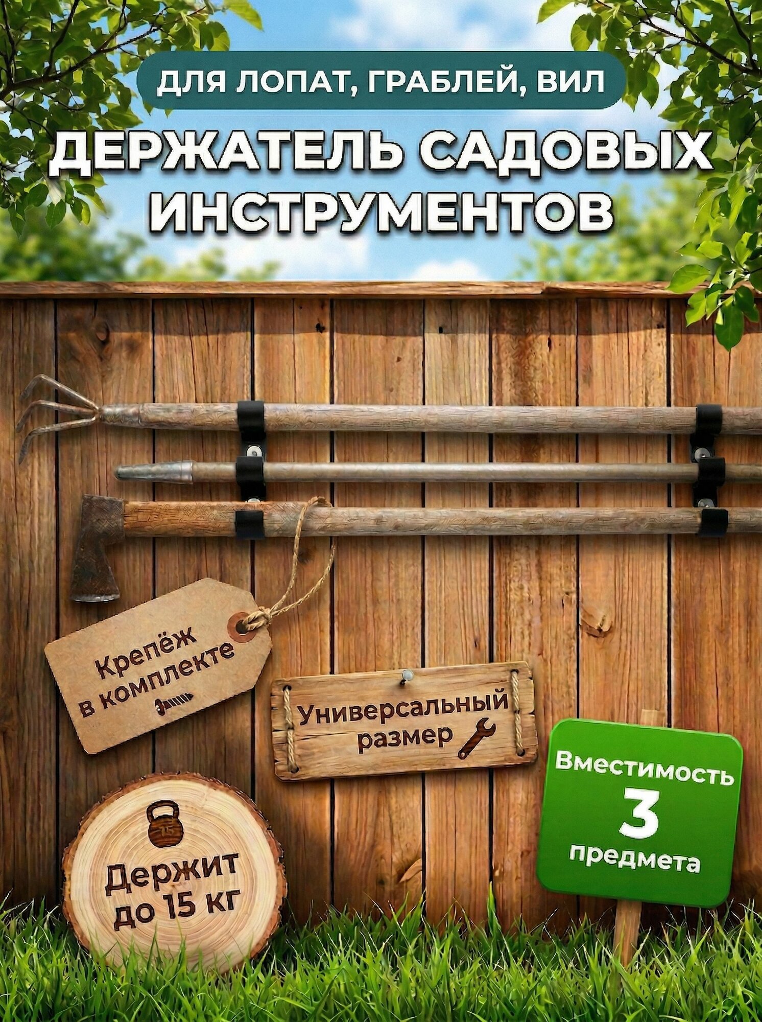 Держатель для садового инструмента настенный универсальный / органайзер для хранения лопат, граблей, вил Черный